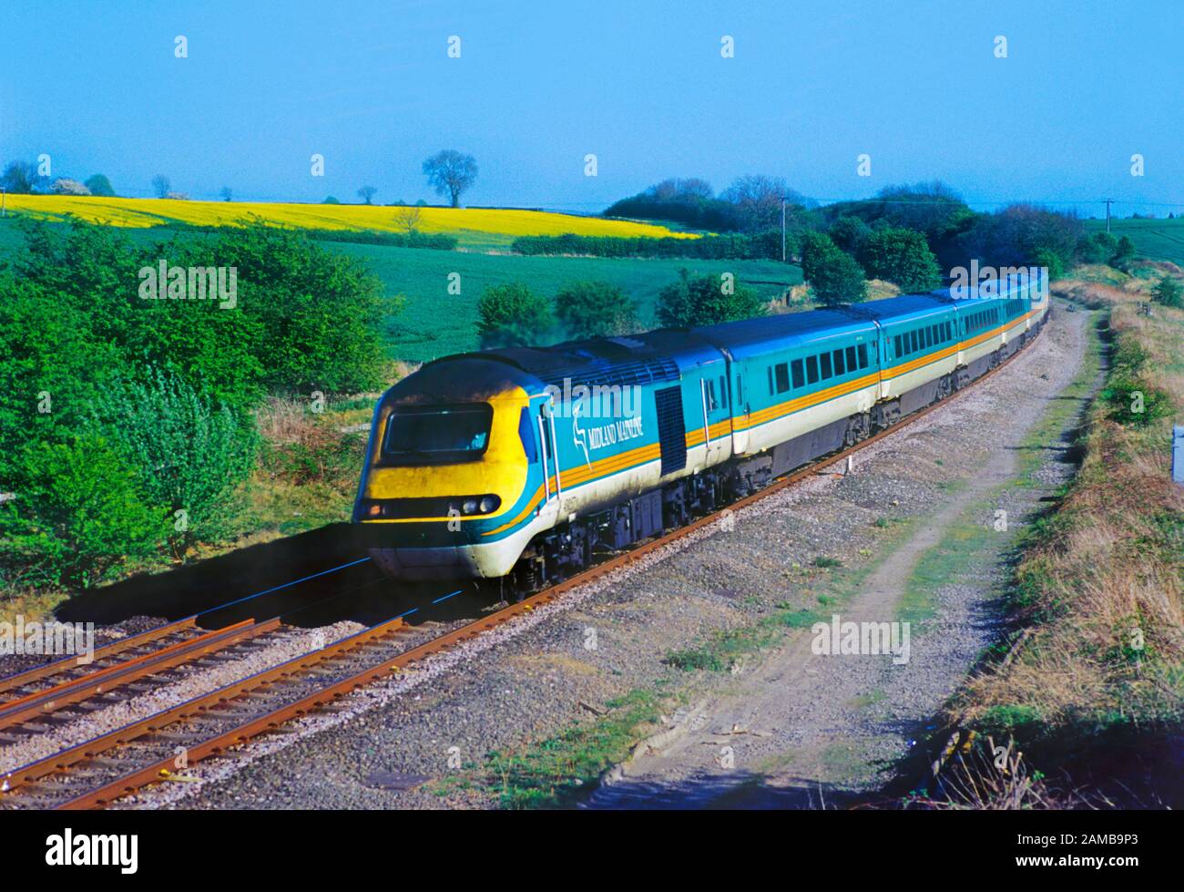 An HST with power cars 43057 and 43051 forms a Midland Mainline service ...