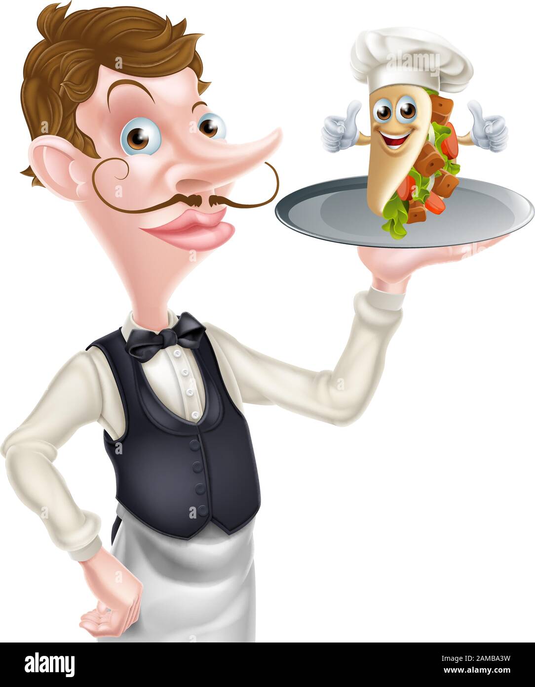 Cartoon Waiter Butler Holding Kebab Mascot Stock Vector Image & Art - Alamy