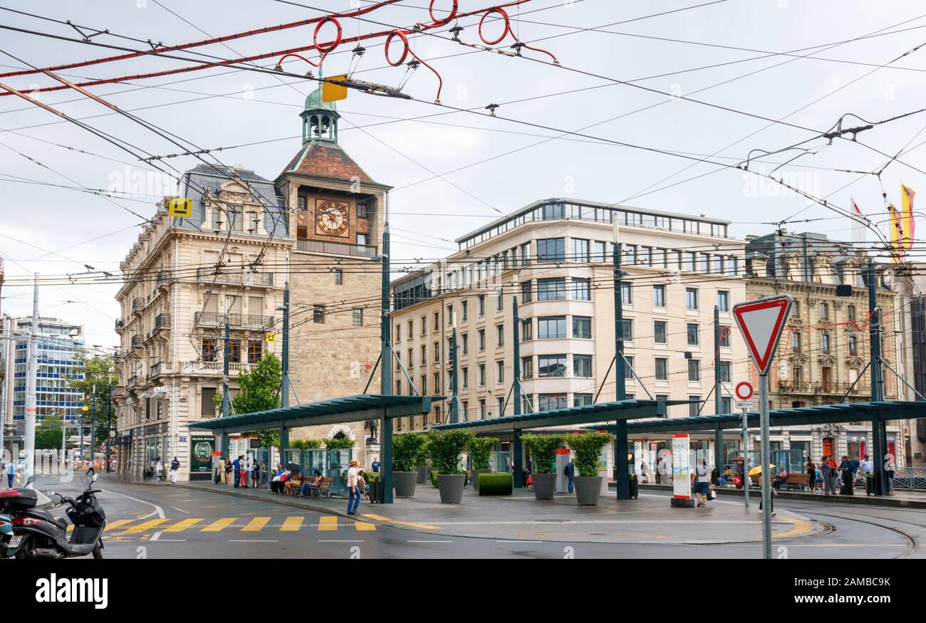 Geneva city centre with the Tour de l'Ile tower and the Bel-Air bus ...