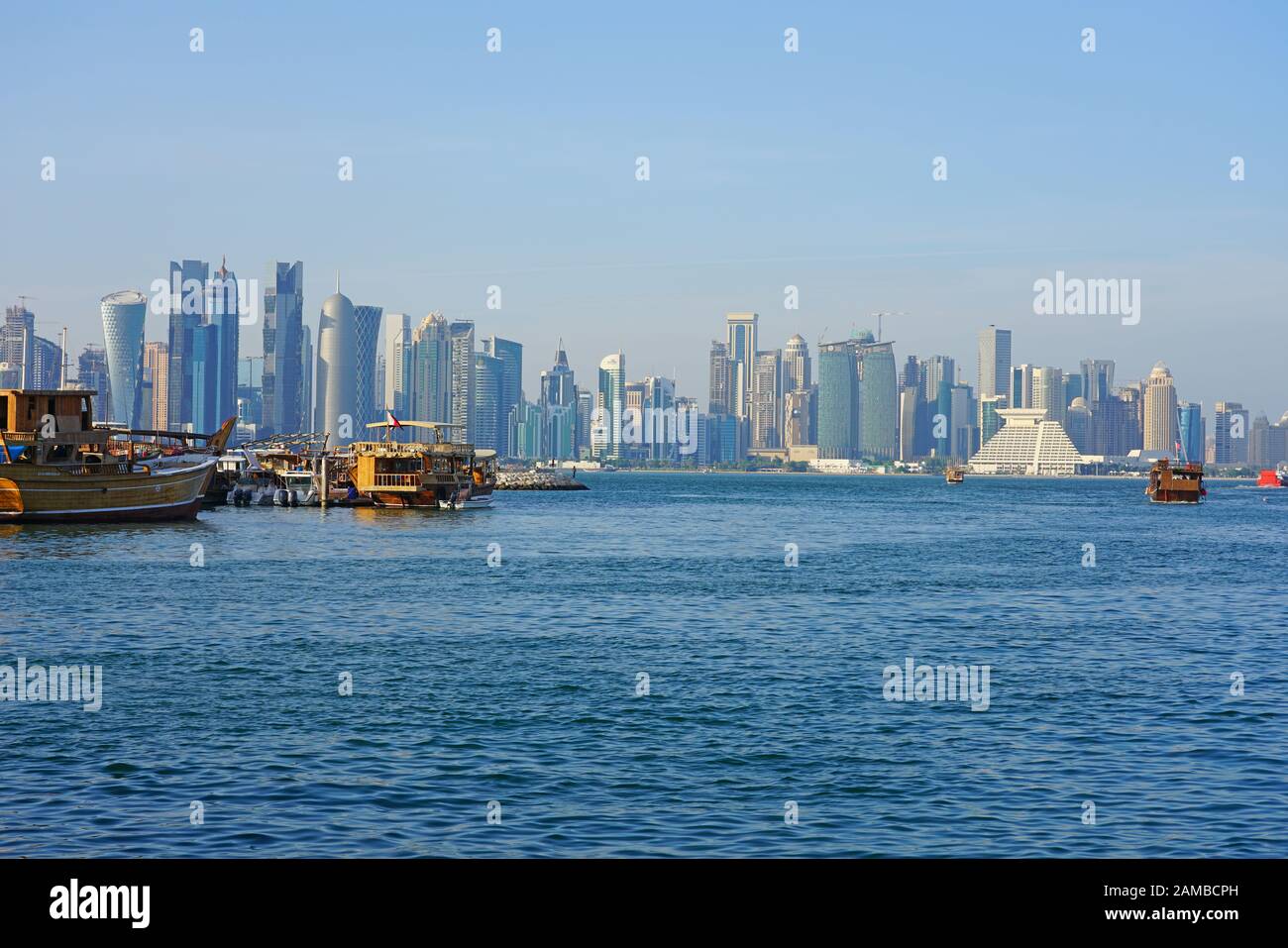 DOHA, QATAR -11 DEC 2019- Day view of the modern Doha skyline with a ...