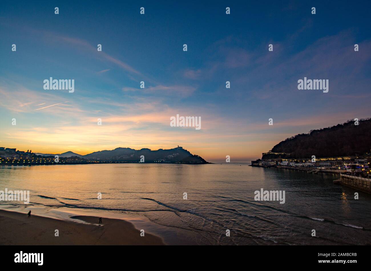 A top view of Donostia San Sebastian lit by winter sunset light Stock ...