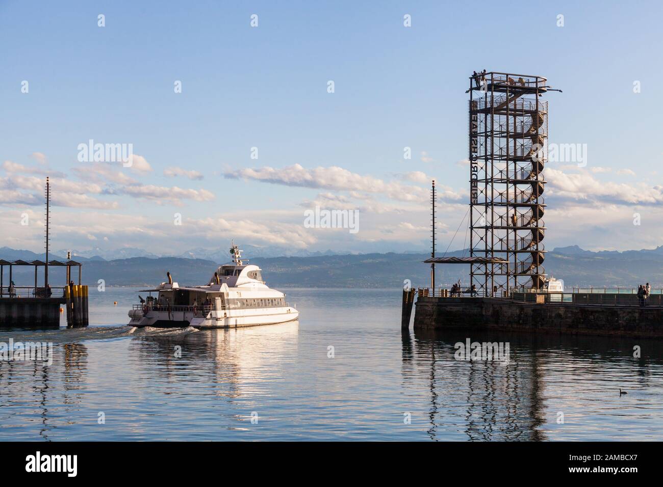 Speedboat (Catamaran) in the harbour of lake constance Stock Photo - Alamy
