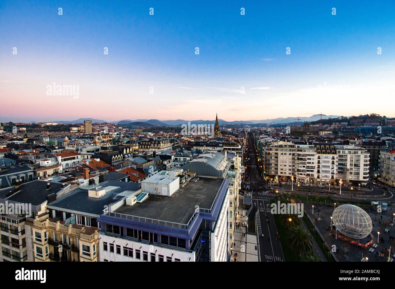 A top view of Donostia San Sebastian lit by winter sunset light Stock ...