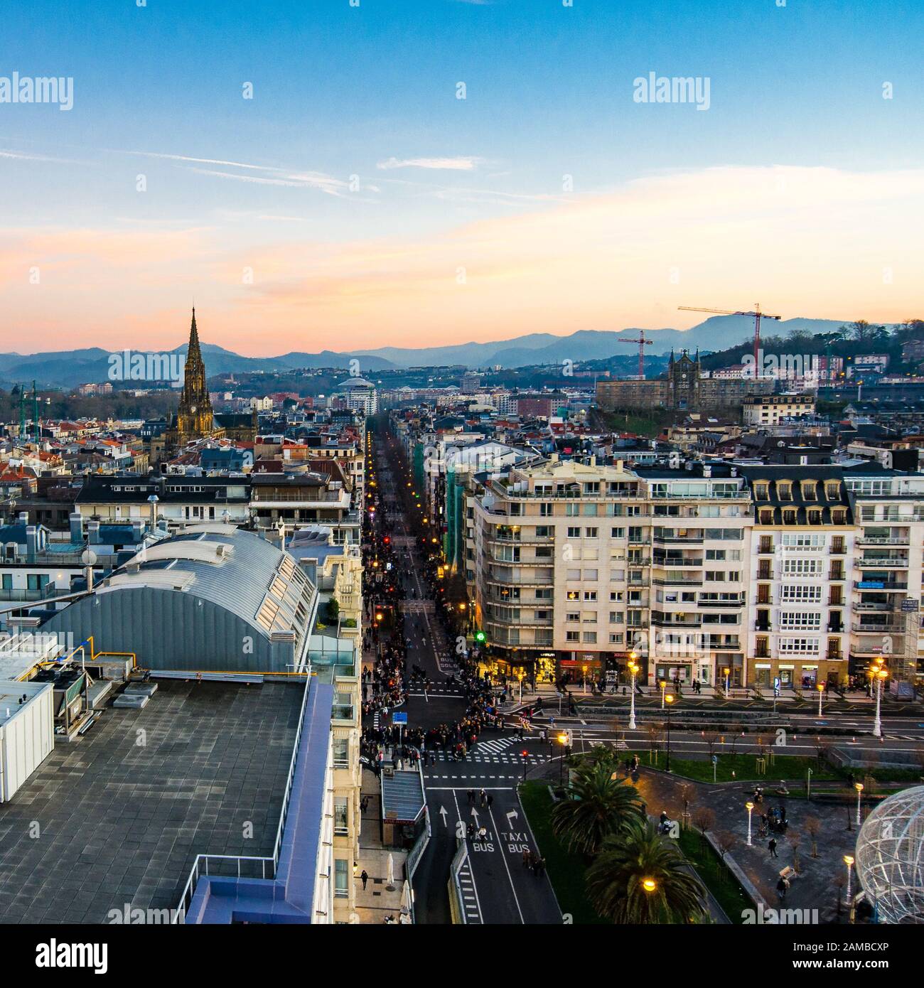A top view of Donostia San Sebastian lit by winter sunset light Stock ...