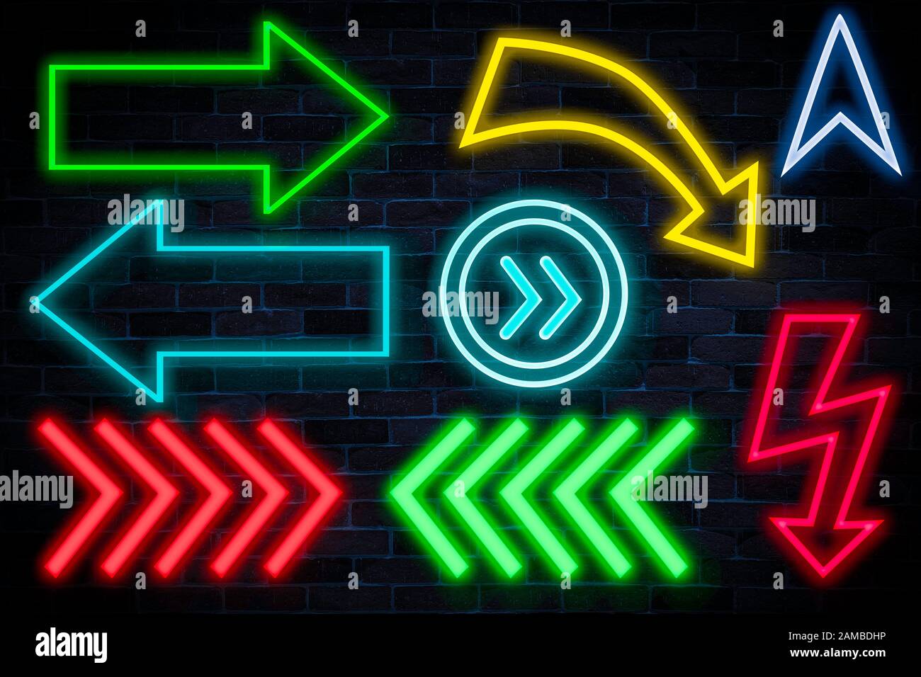 Neon arrow symbol banner pointer set, shining light sign collection ...