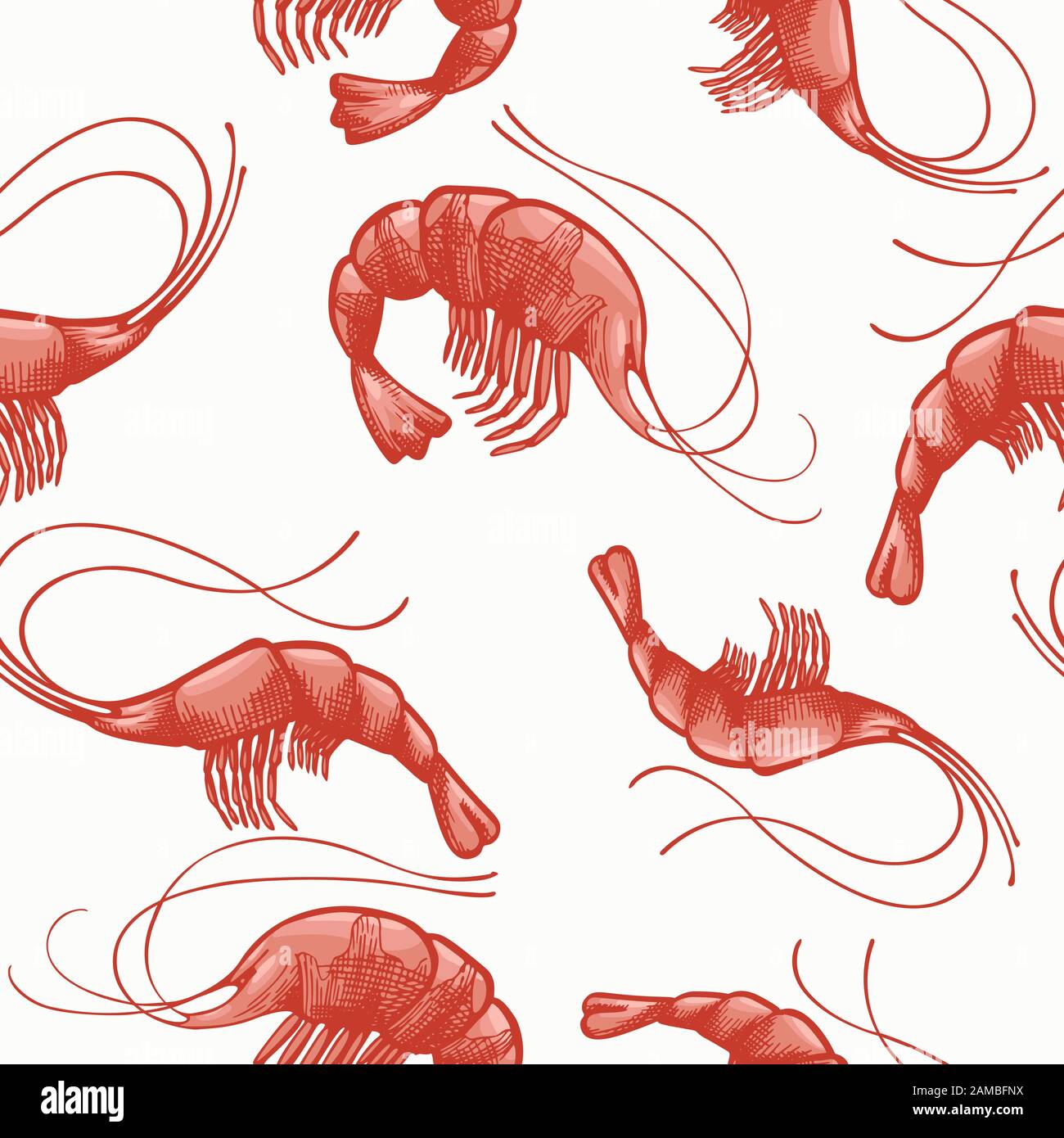 Prawns colored seamless pattern. Hand drawn vector seafood illustration ...