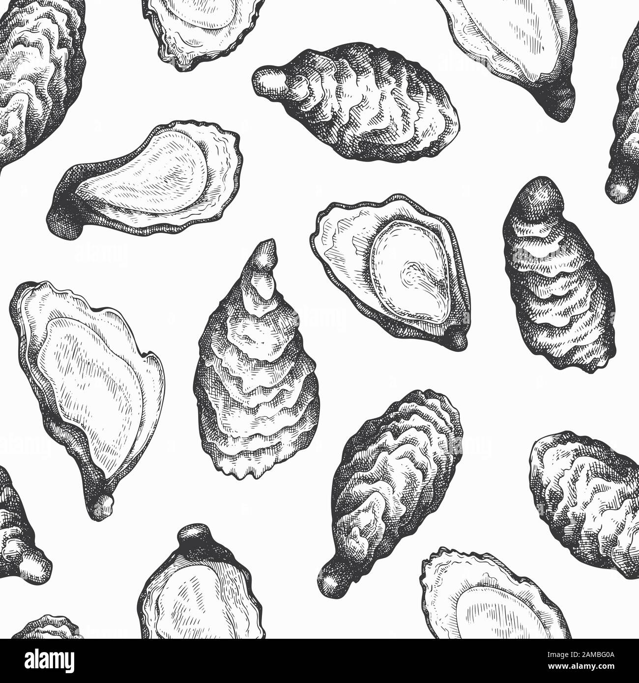 Oysters seamless pattern. Hand drawn vector seafood illustration ...