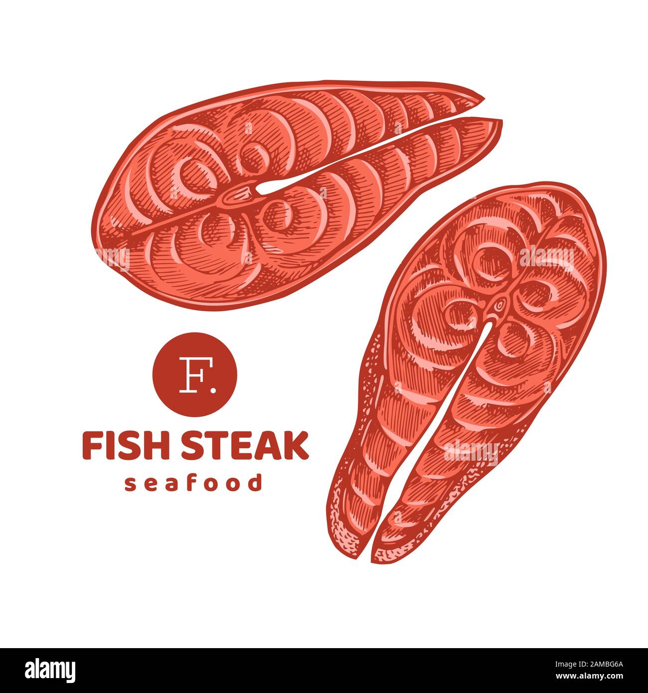 Fish steaks colored illustrations. Hand drawn vector seafood ...
