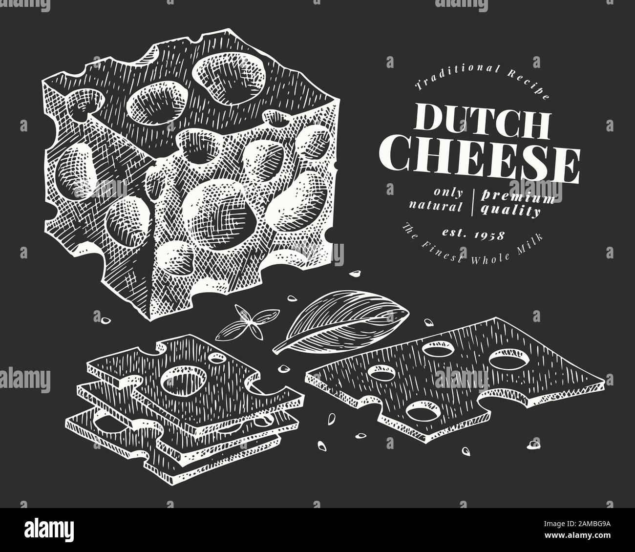 Dutch cheese illustration. Hand drawn vector dairy illustration on ...