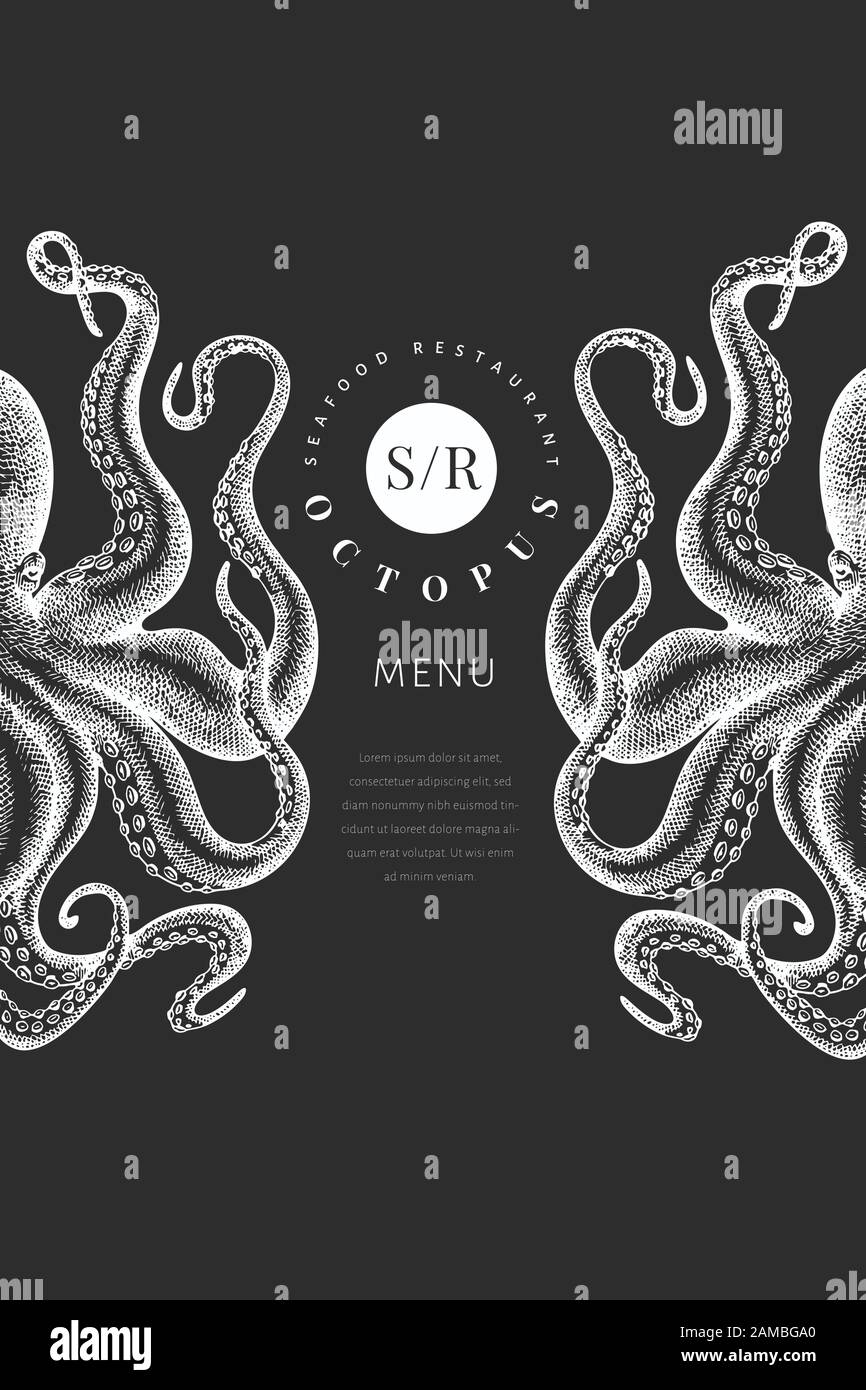 Octopus colored banner template. Hand drawn vector seafood illustration ...