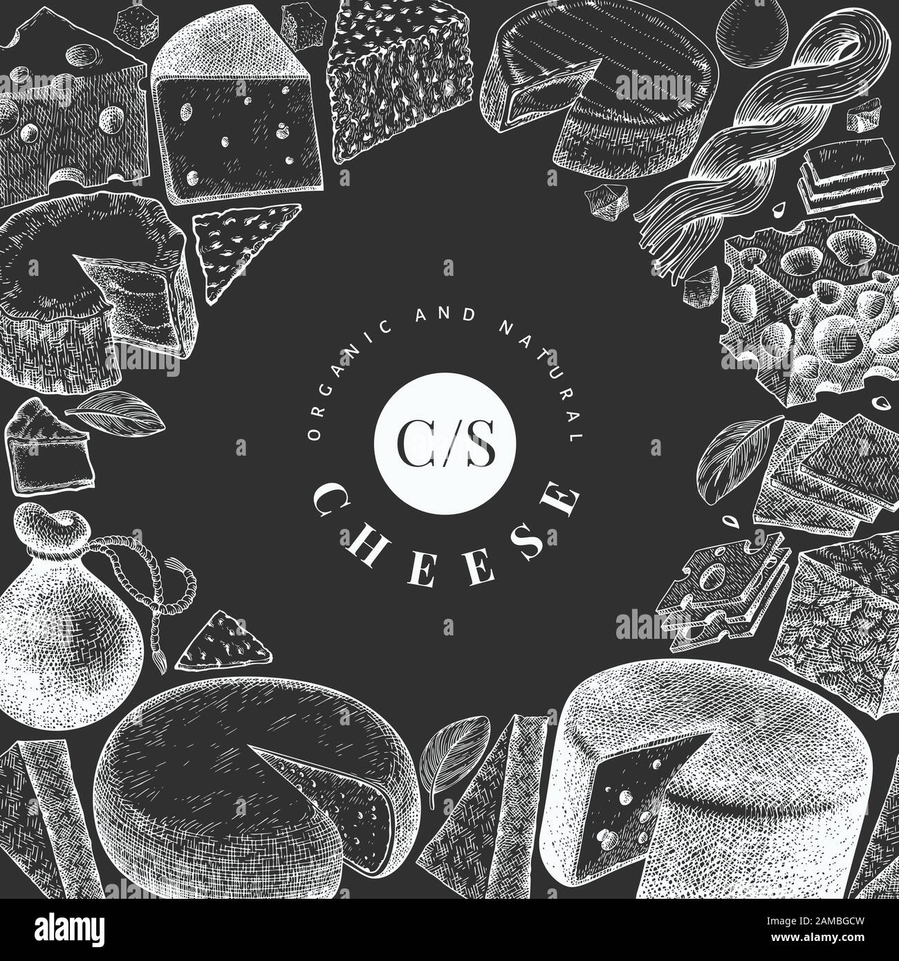 Cheese design template. Hand drawn vector dairy illustration on chalk ...