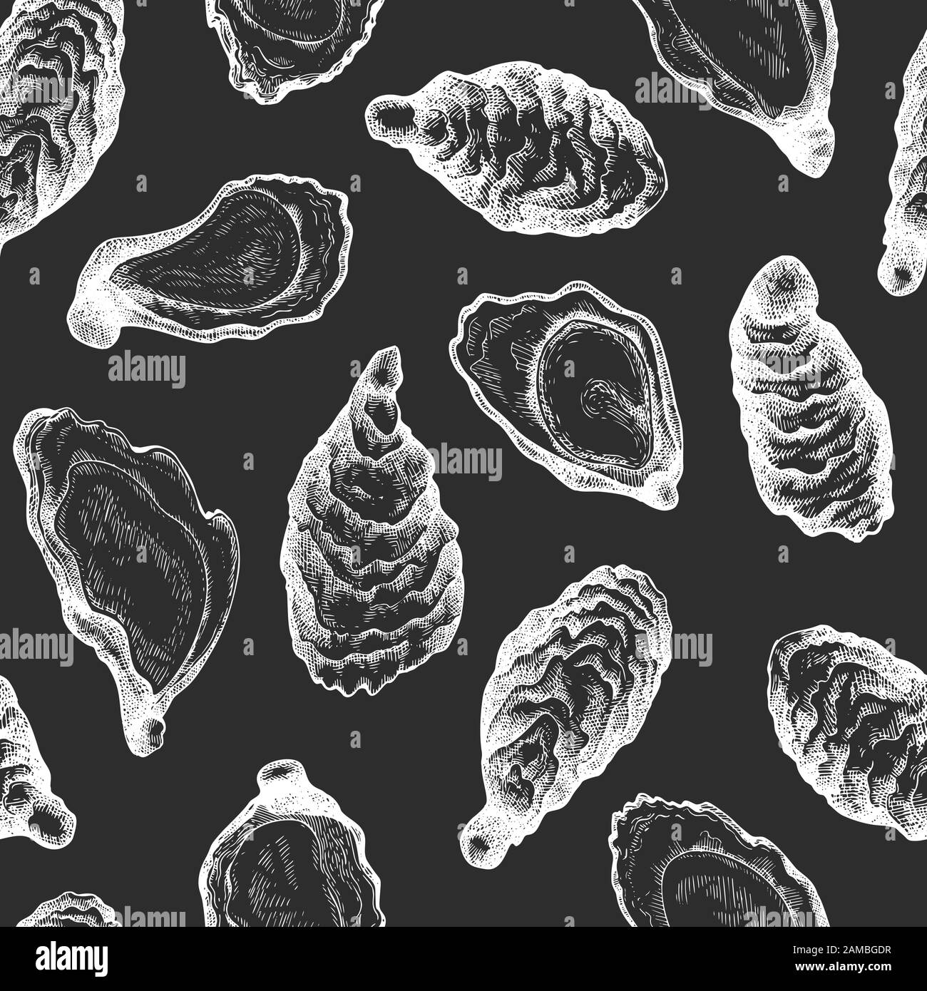 Oysters seamless pattern. Hand drawn vector seafood illustration on ...