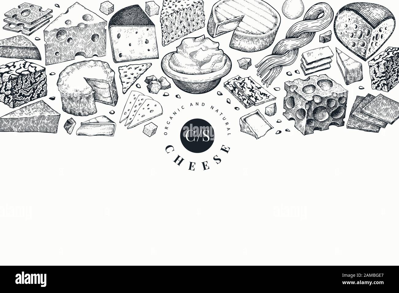 Cheese design template. Hand drawn vector dairy illustration. Engraved ...