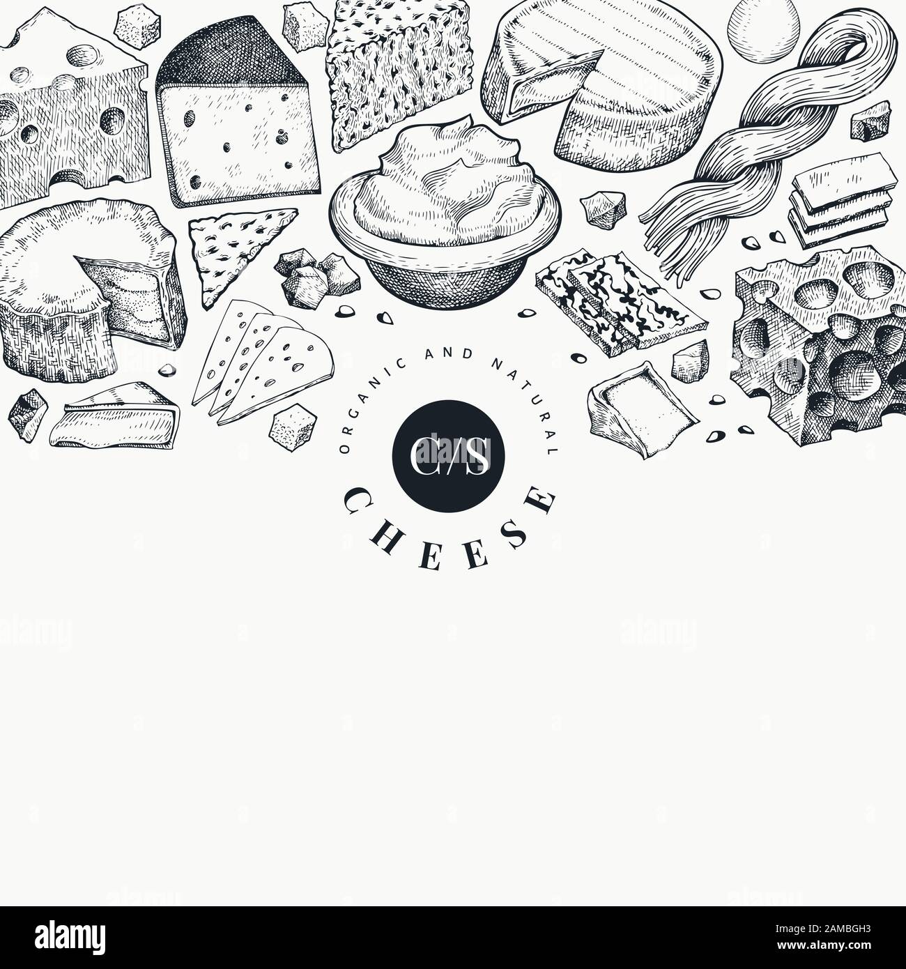 Cheese design template. Hand drawn vector dairy illustration. Engraved ...
