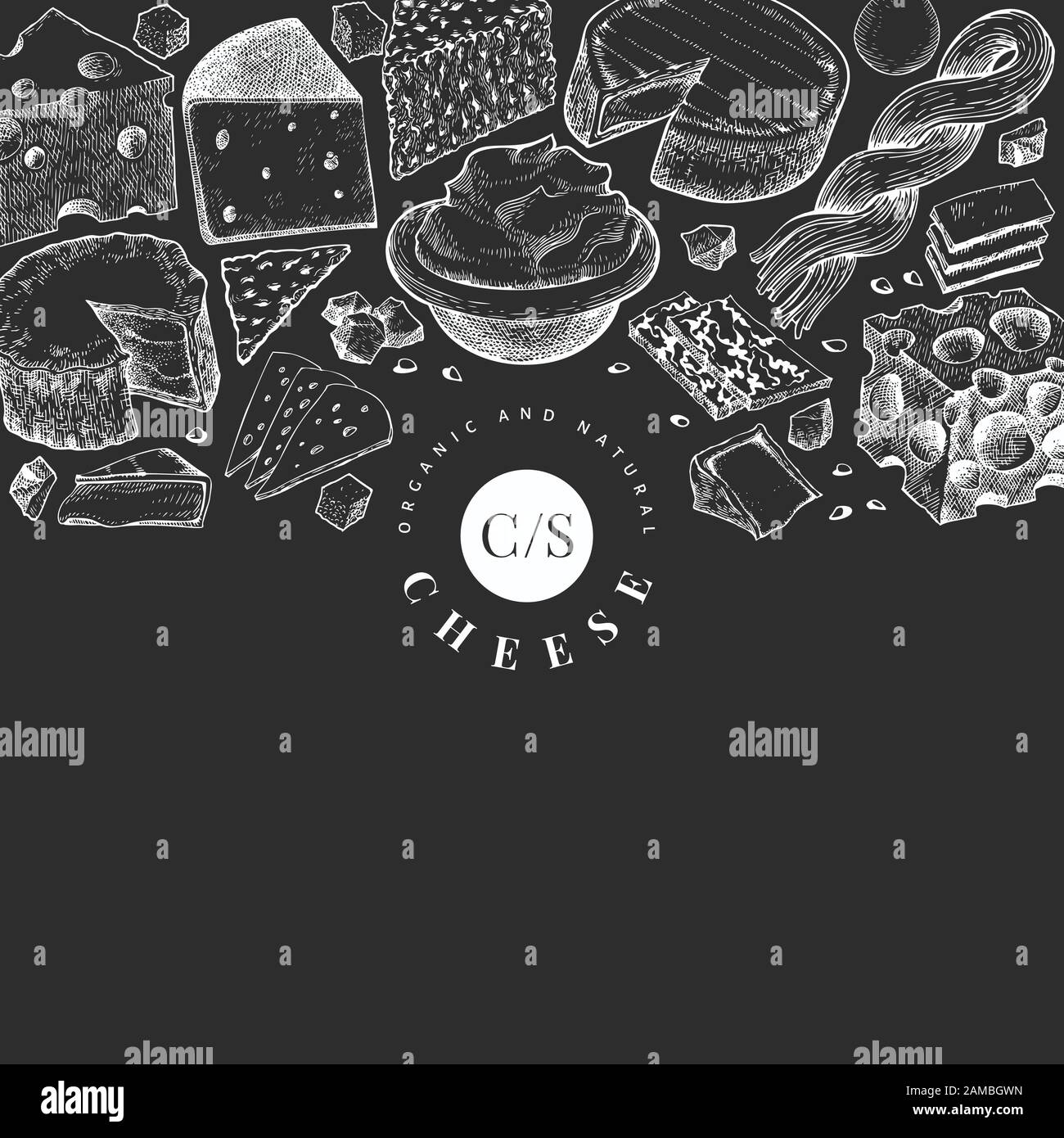 Cheese design template. Hand drawn vector dairy illustration on chalk ...