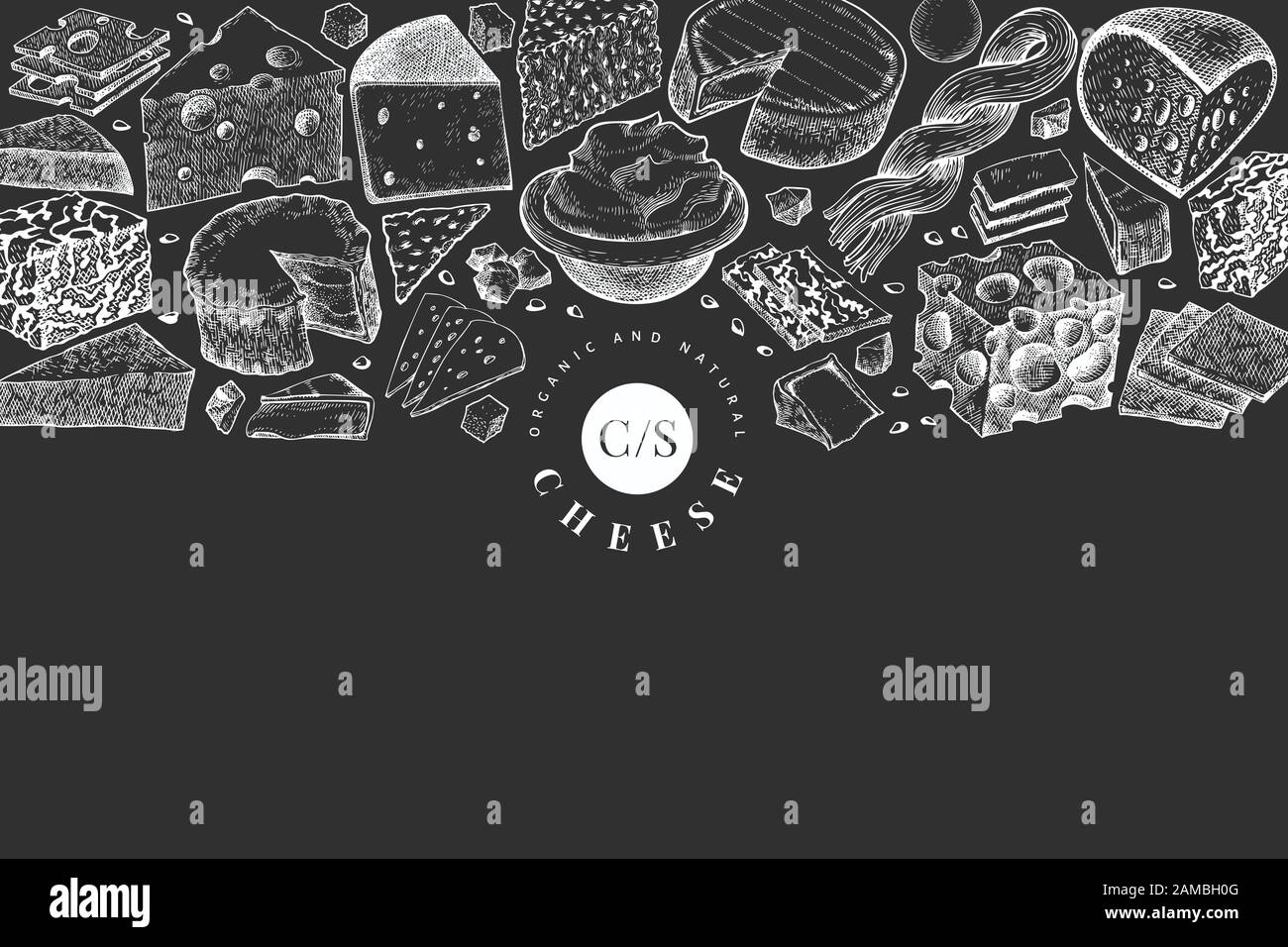 Cheese design template. Hand drawn vector dairy illustration on chalk ...