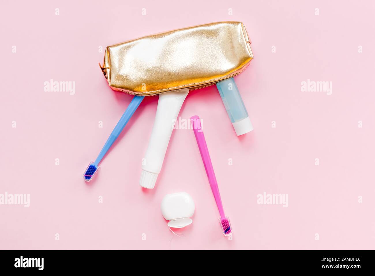 Teeth hygiene and oral dental care products in golden travel cosmetic ...