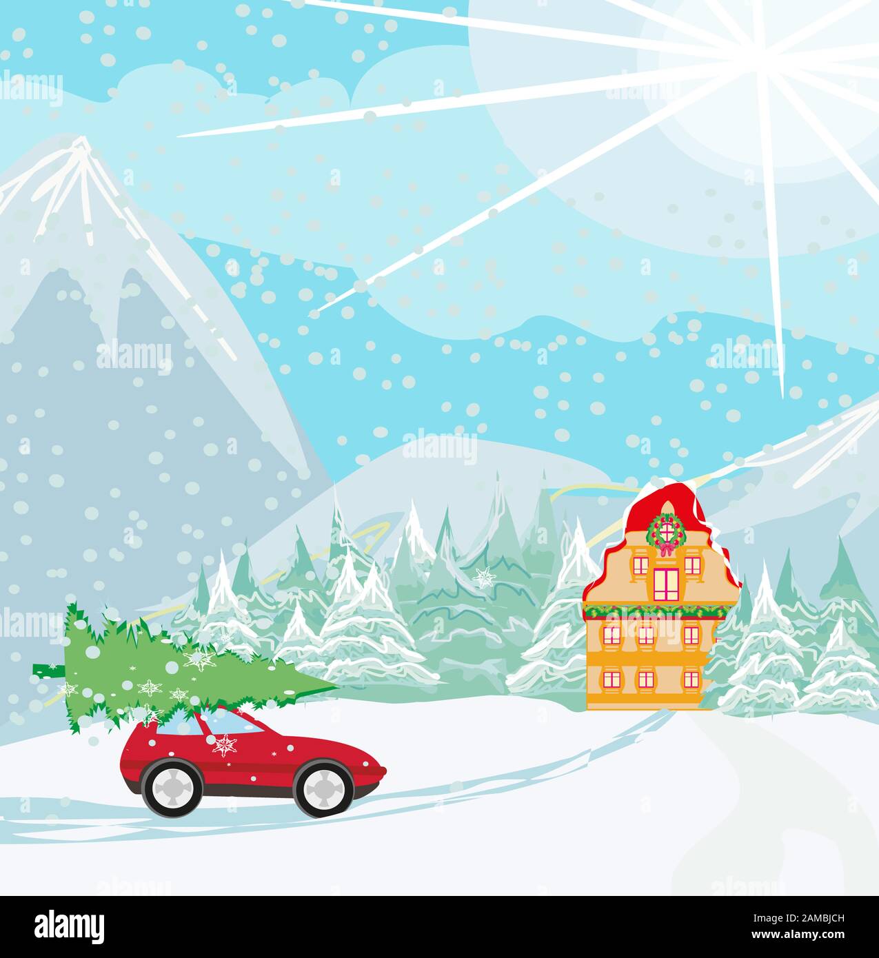 Car with a christmas tree on the roof Stock Photo - Alamy