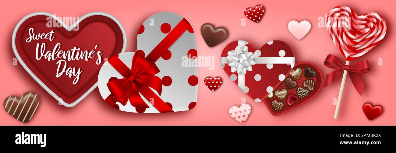 valentine's day banner with chocolates box, lollipop and hearts Stock ...