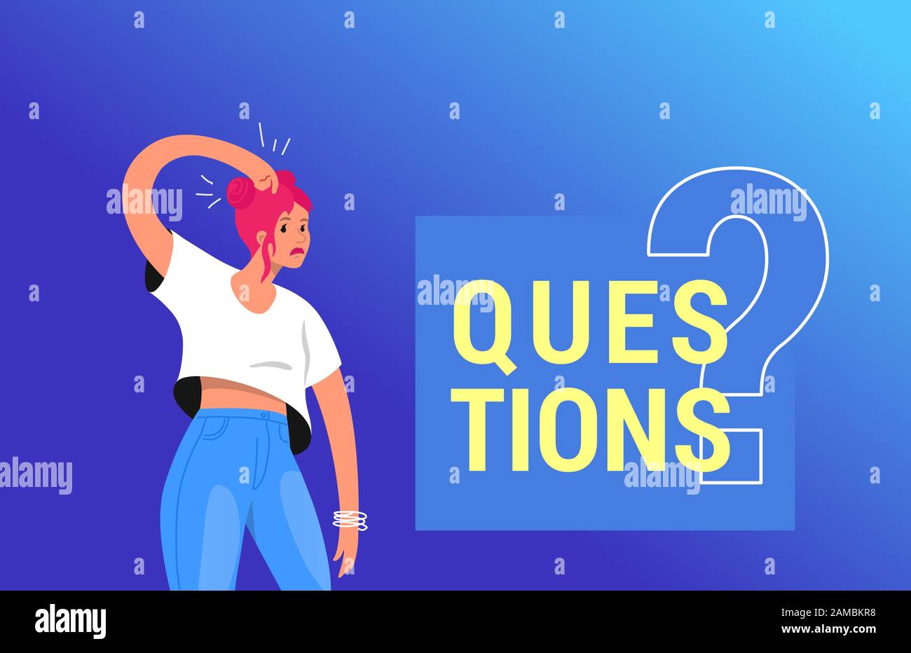 Confused redhead woman need an answer and has some doubt. Vector ...