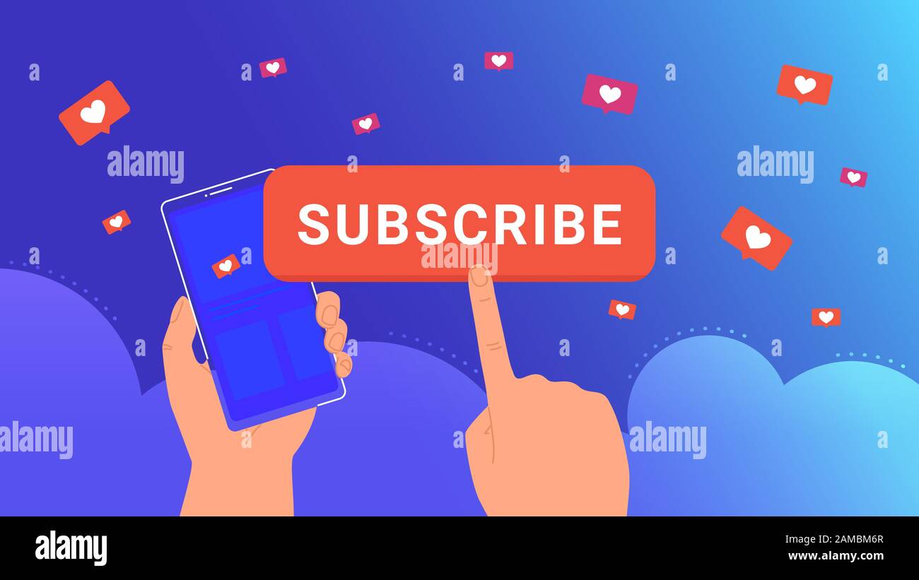 Social media app with speech bubble subscribe and flying hearts. Human ...