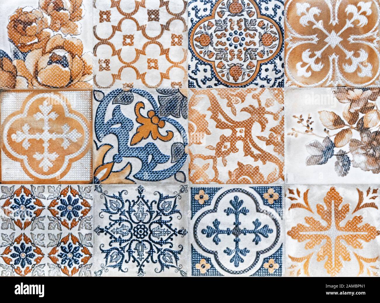 Ceramic tiles with bright patterns. Porcelain tile with a multi-colored ...