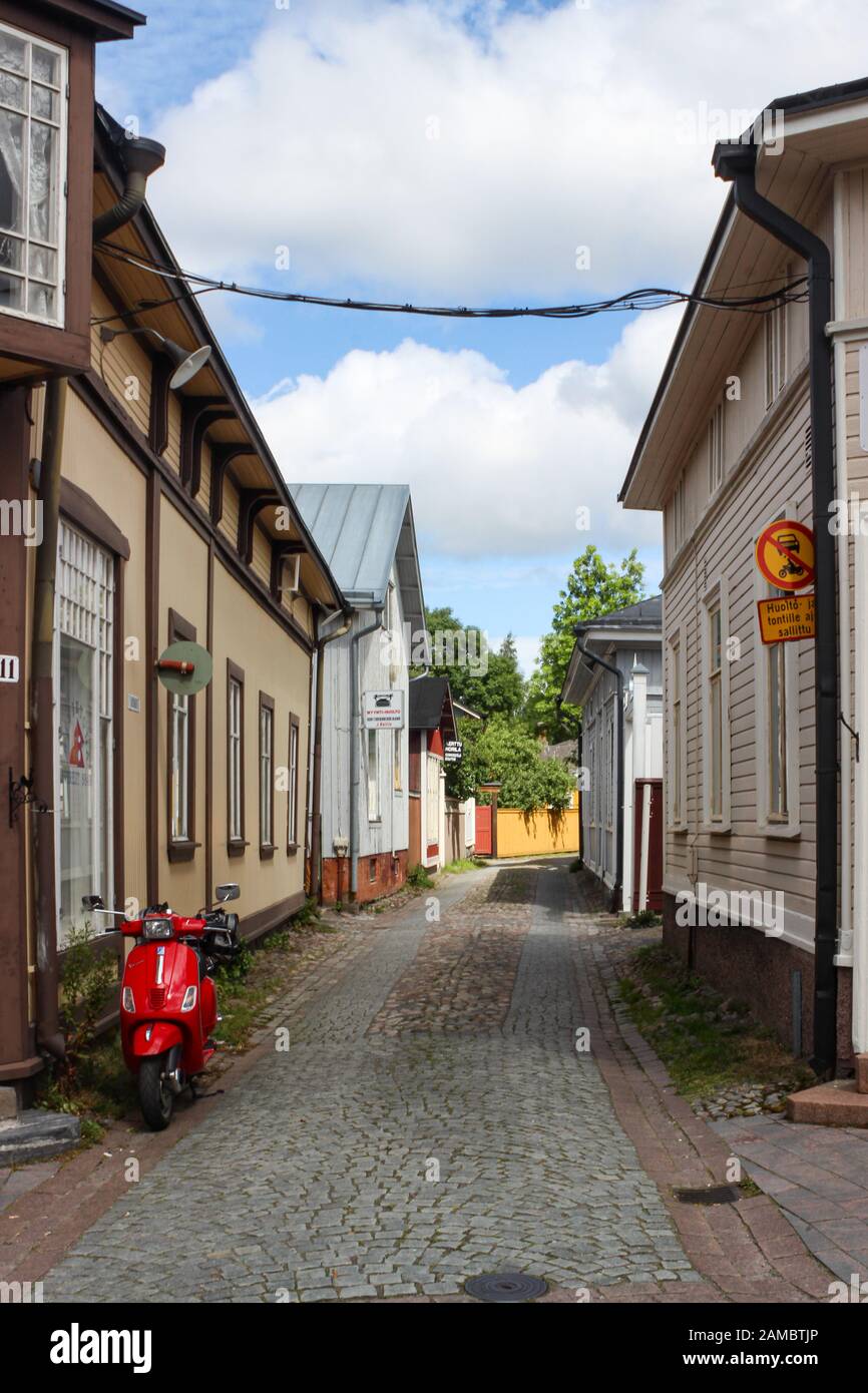 Street view in wooden city center of Old Rauma, Finland Stock Photo - Alamy
