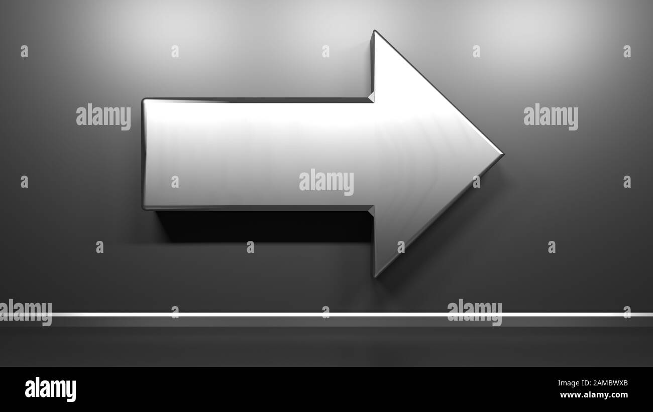 Metallic chrome arrow to the right, at black glossy background - 3D ...