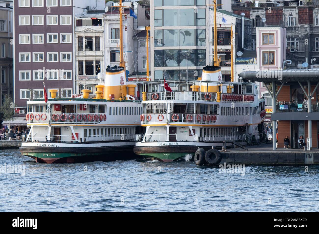 Karakoy pier. Place of departure of ferries. There are two steamboats ...