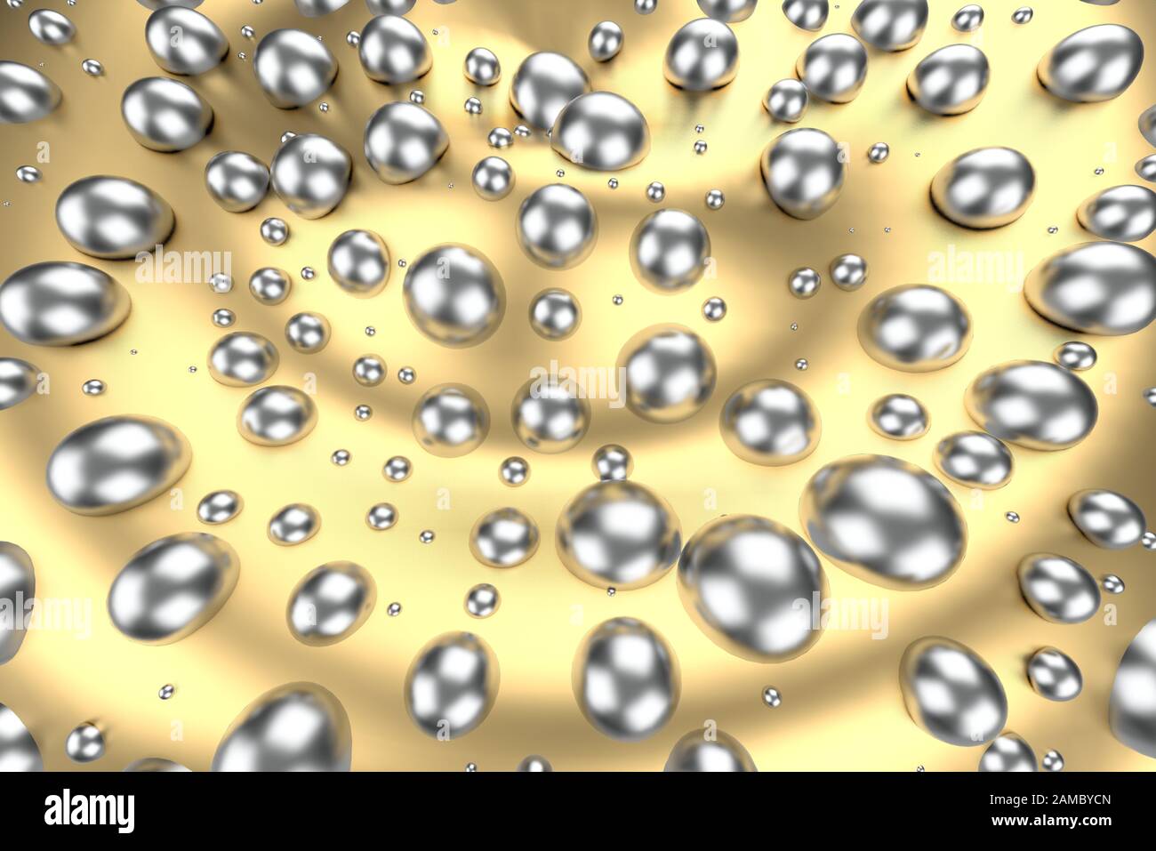 Silver or white gold platinum spheres over metal yellow wave background ...