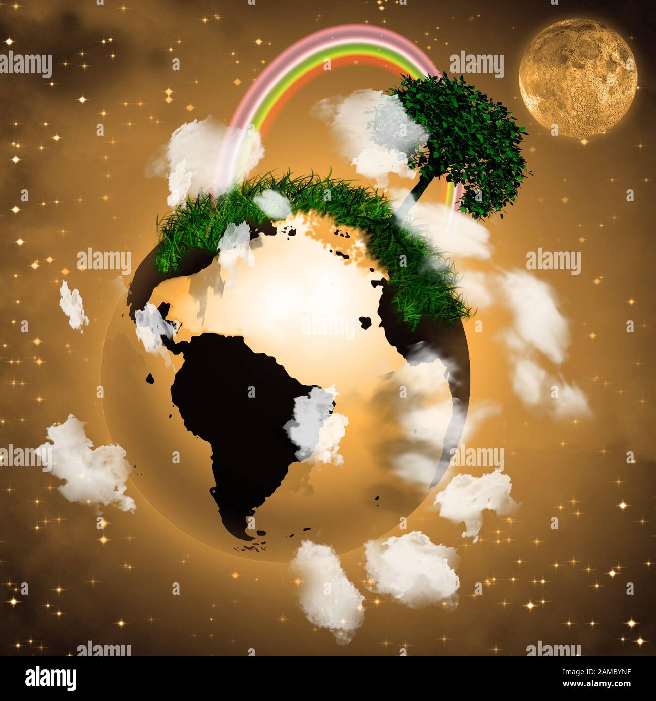 Earth with Tree and Rainbow. Little Planet Stock Photo - Alamy