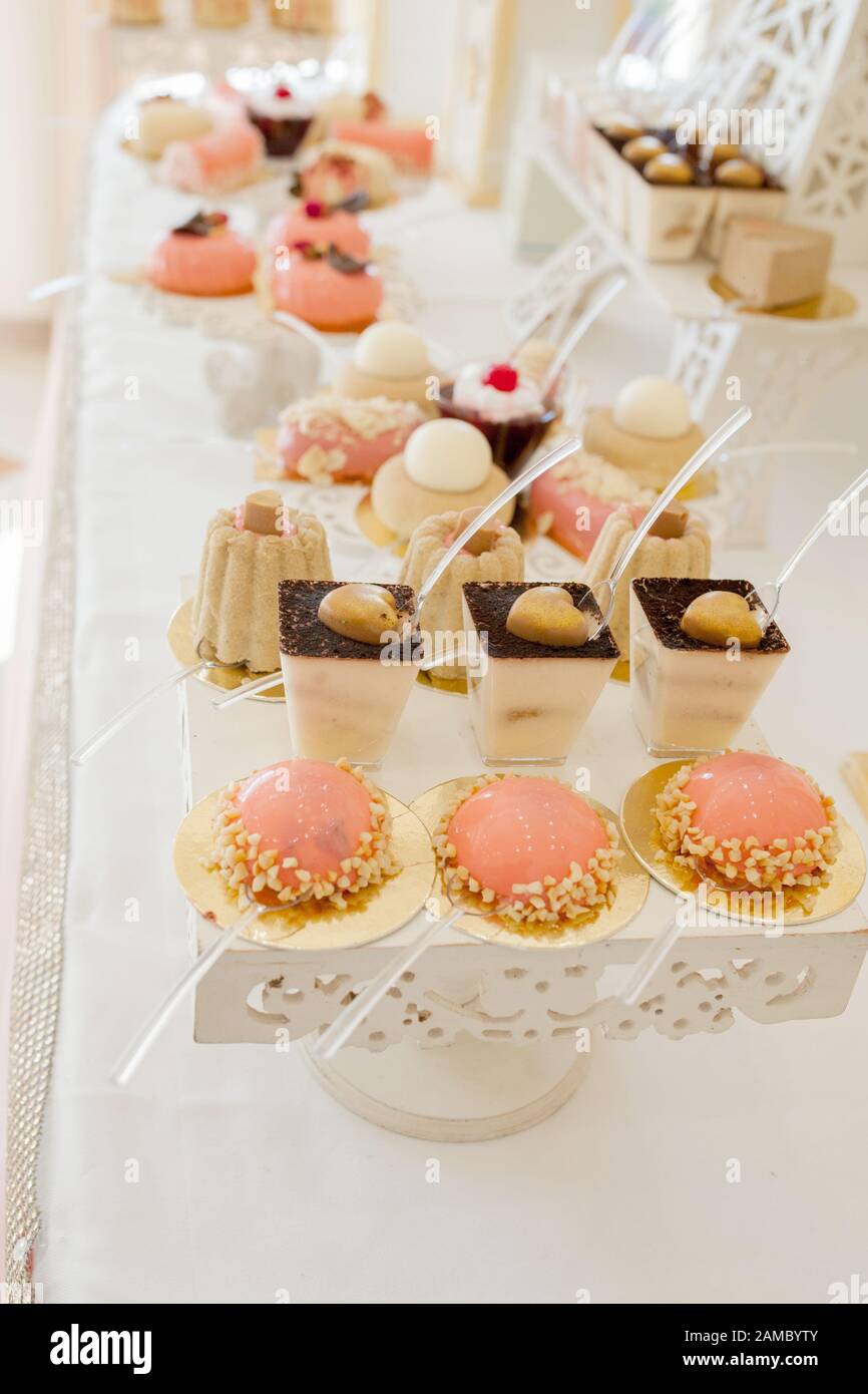 Desserts with fruits, mousse, biscuits. Different types of sweet ...