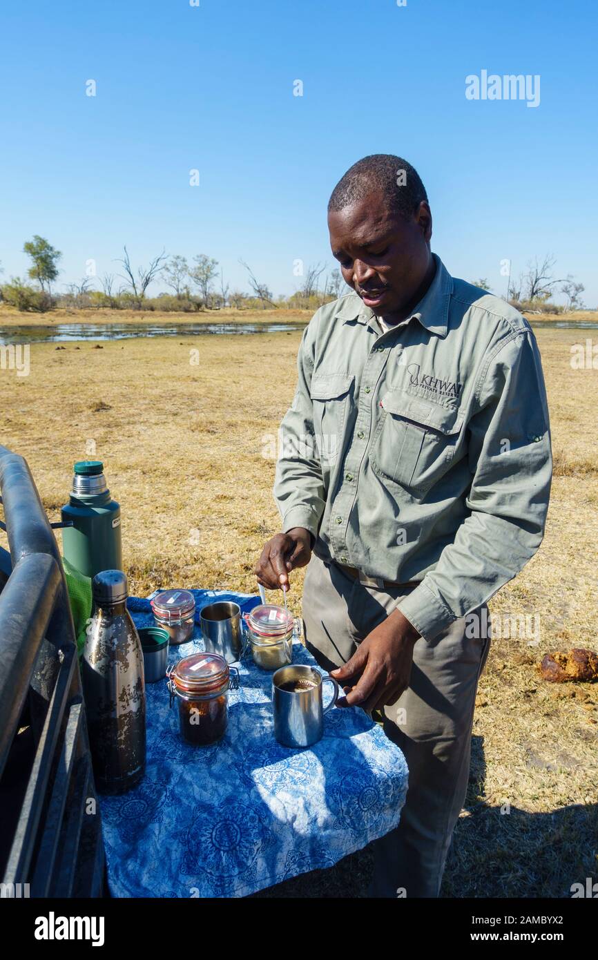 Safari guide making morning tea, Khwai Private Reserve, Okavango Delta ...
