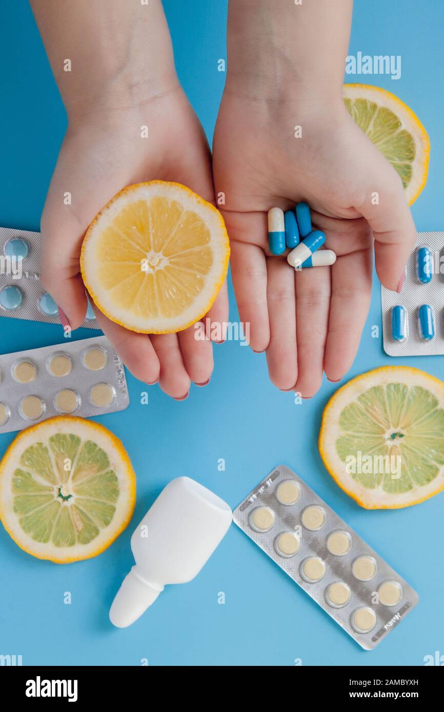 Medications, pills, thermometer, traditional medicine for treating ...