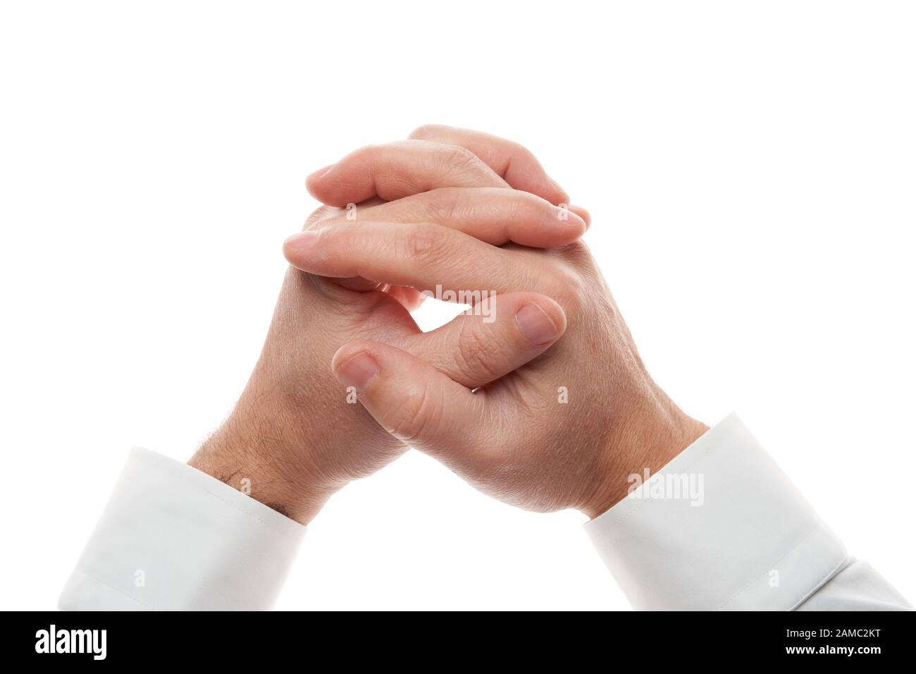 Man hands, thinking gesture, isolated on white background. White shirt ...