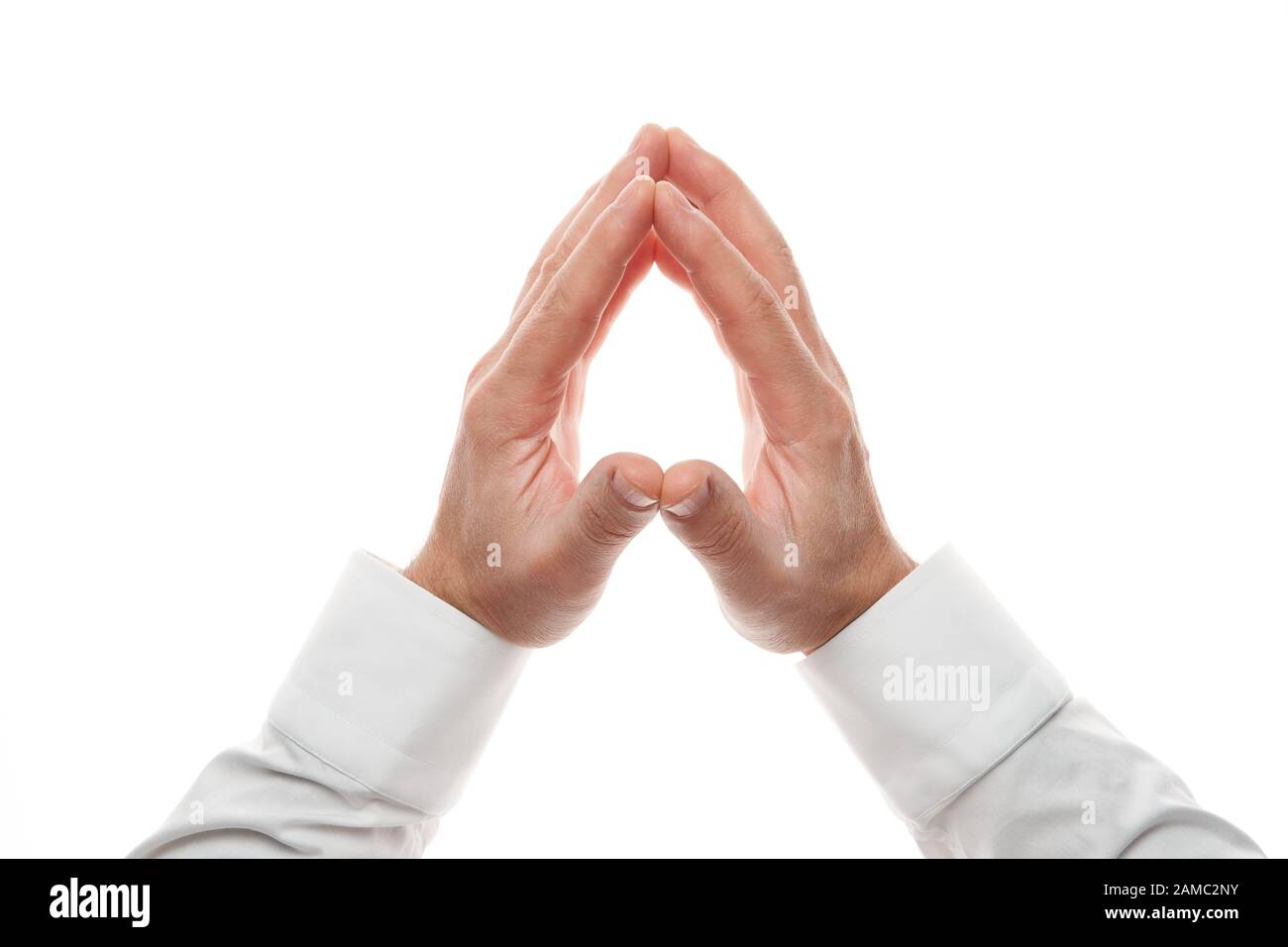 Man hands, thinking gesture, isolated on white background. White shirt ...