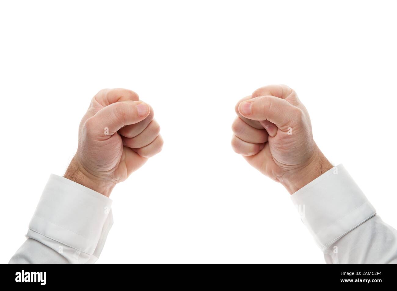 Man hands, knuckle gesture, isolated on white background. White shirt ...