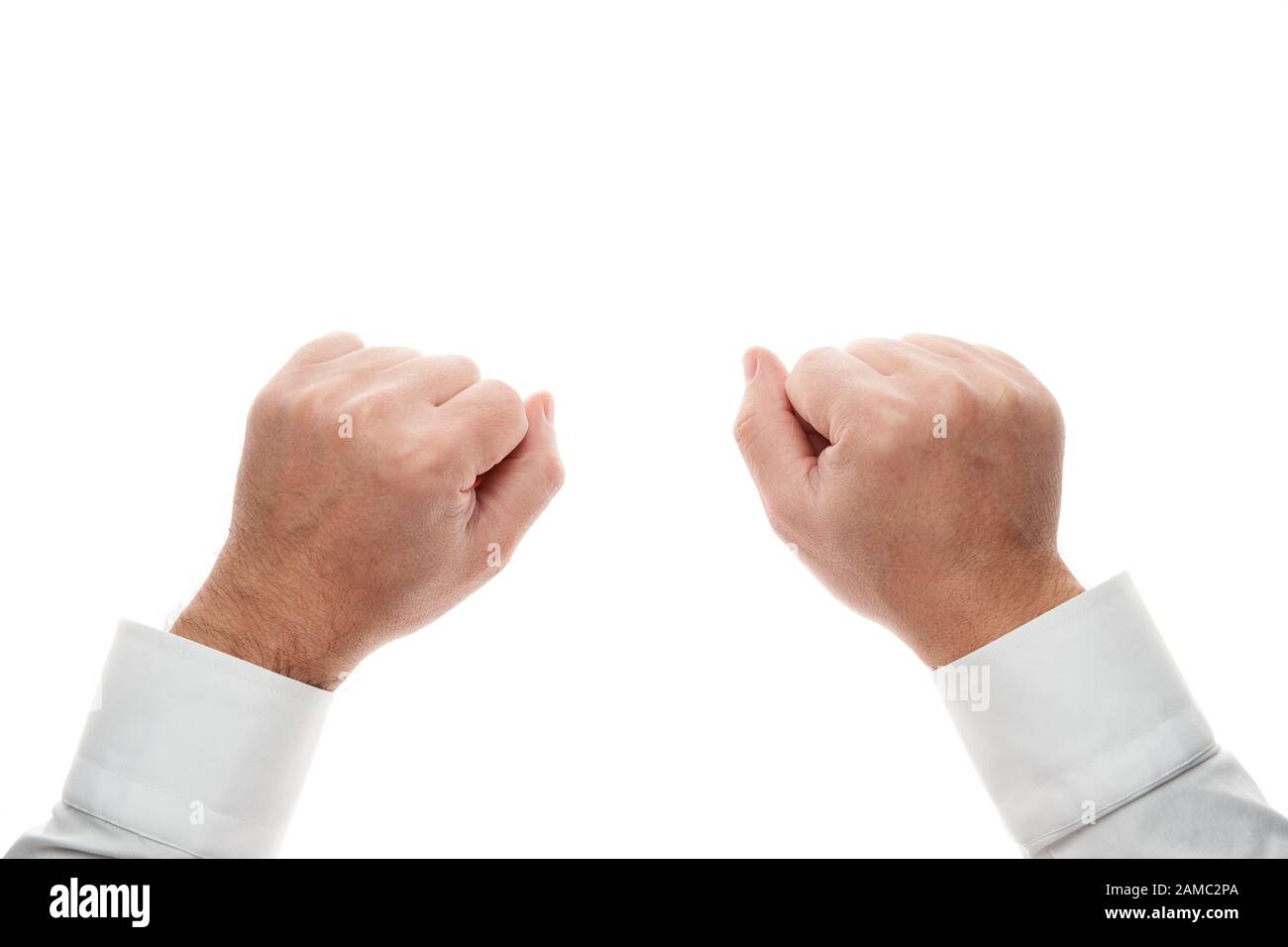 Man hands, knuckle gesture, isolated on white background. White shirt ...