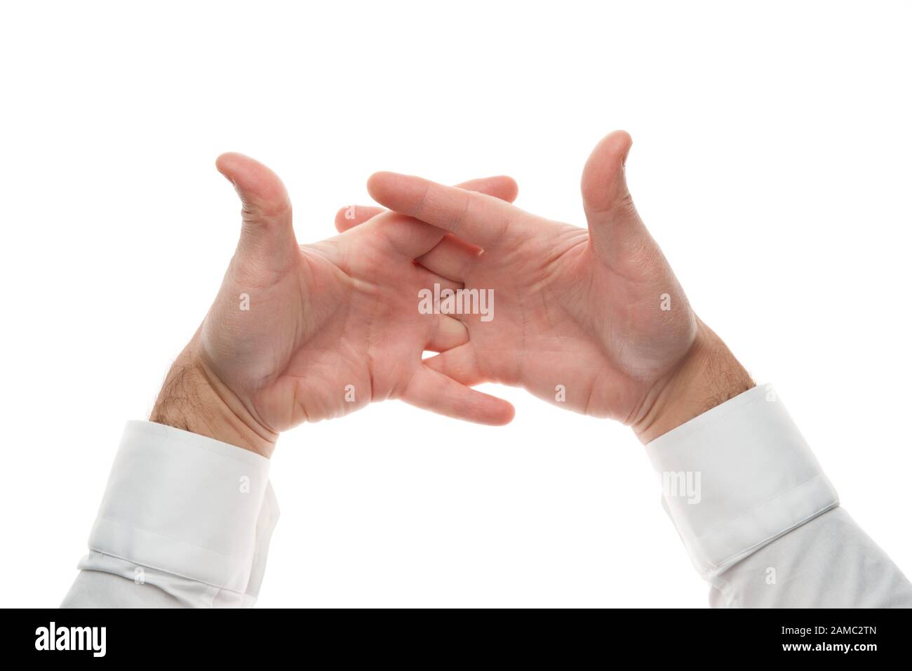 Man hands, relax gesture isolated on white background. White shirt ...