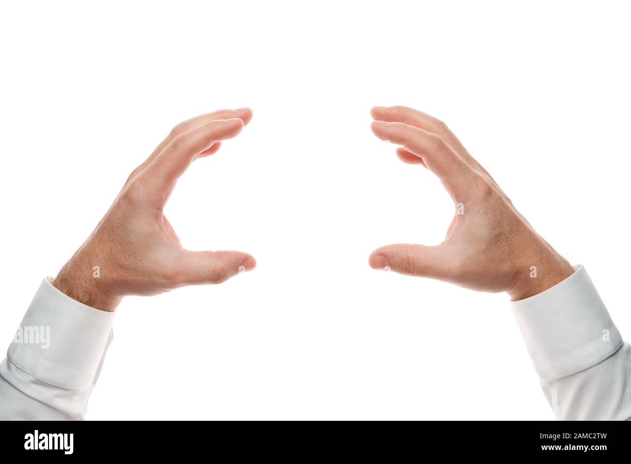 Man hands, grab gesture isolated on white background. White shirt ...