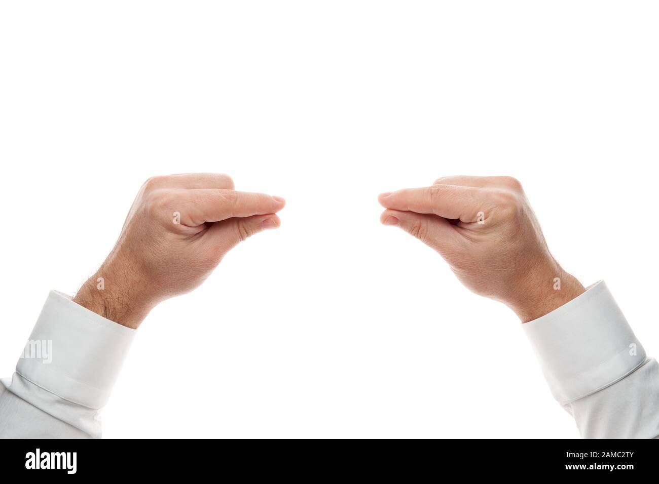 Man hands, grab gesture isolated on white background. White shirt ...