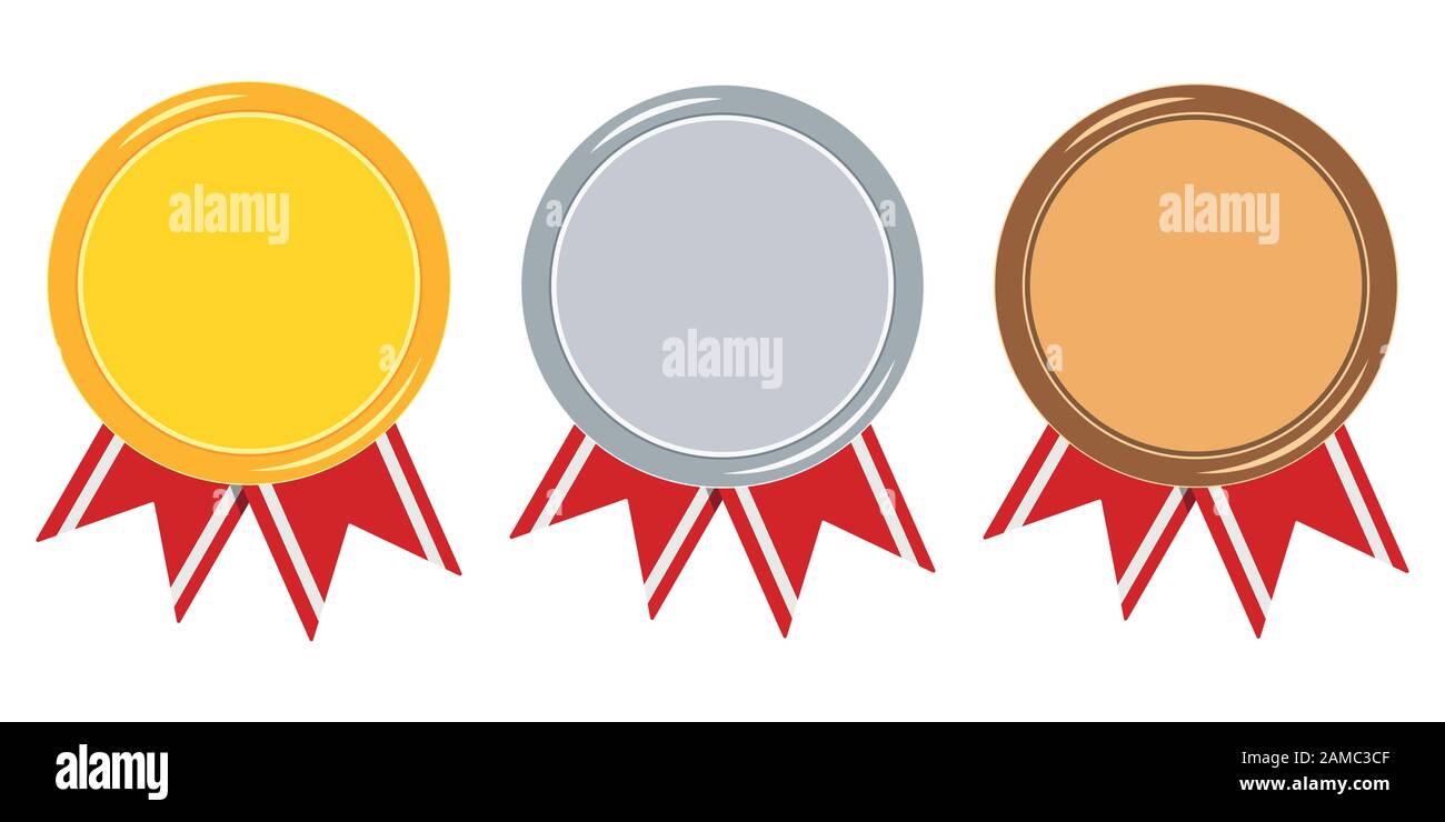 Medal with red ribbon set isolated on white background golden, silver ...