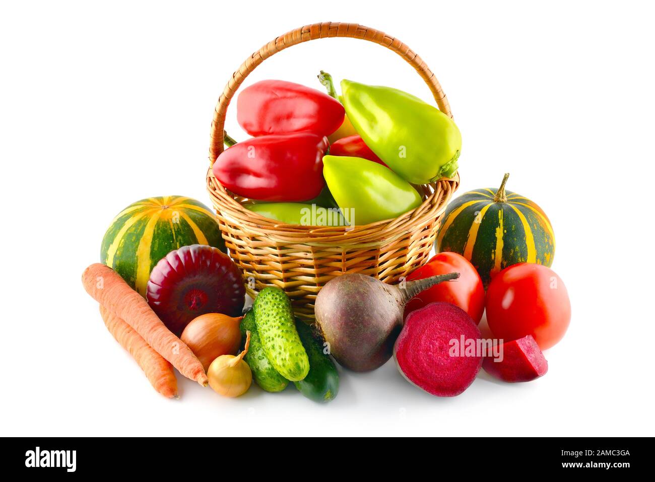 set of vegetables in wicker basket isolated on white background Stock ...