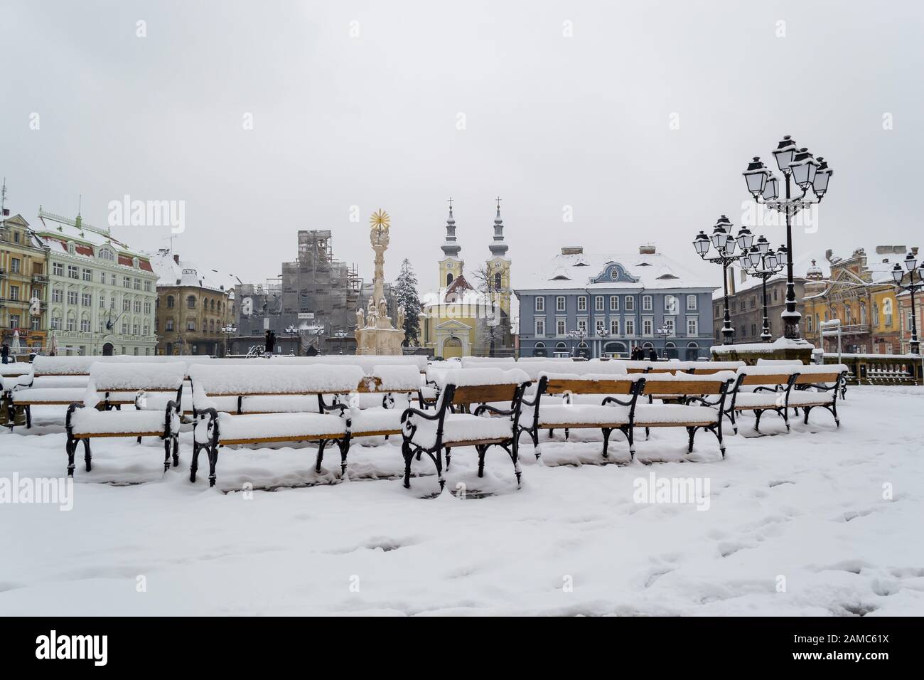 Winter scene from the Union Square, benches covered in snow Stock Photo ...