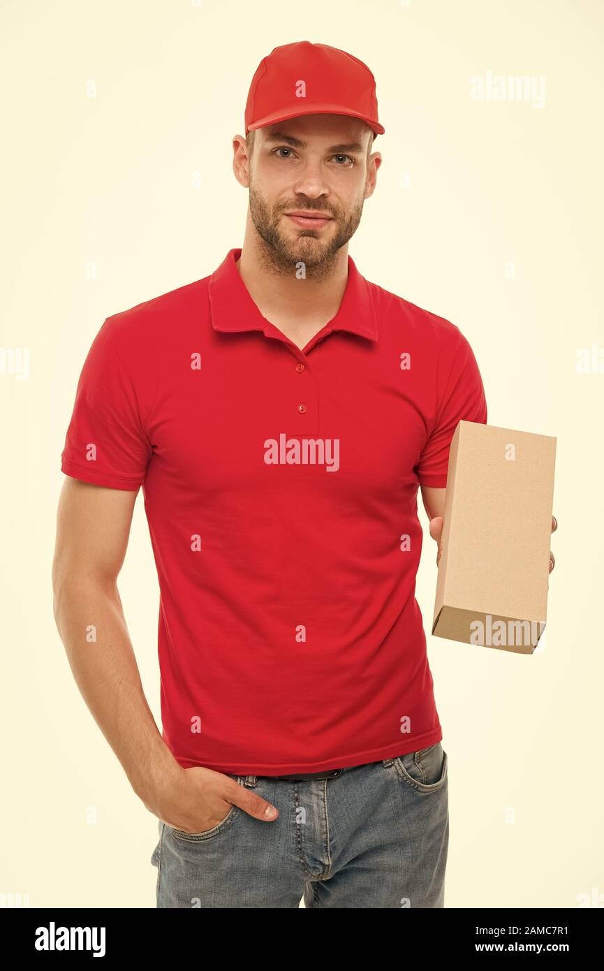 Happy man with post package isolated white. Delivering your purchase ...