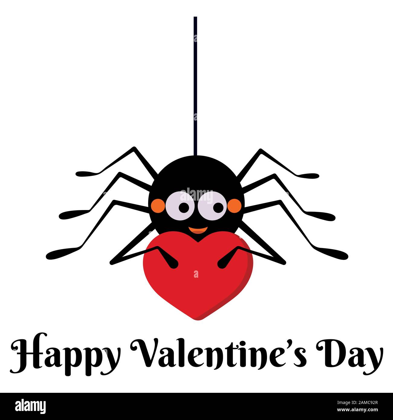 Cute black spider hanging on string of cobwebs with red heart isolated ...