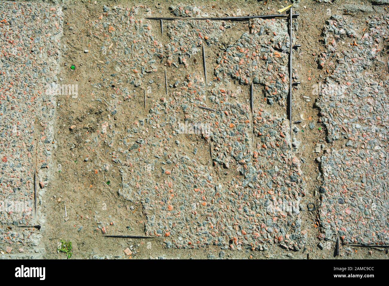 Texture of damaged reinforced concrete floor. Cement urban sidewalk ...