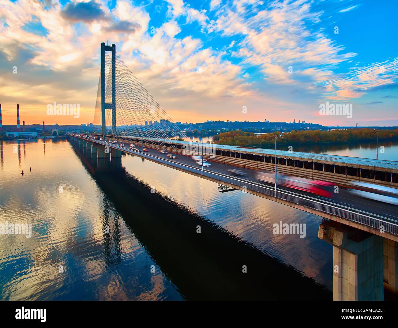Traffic on a bridge. Modern metropolis with intersection of the traffic ...