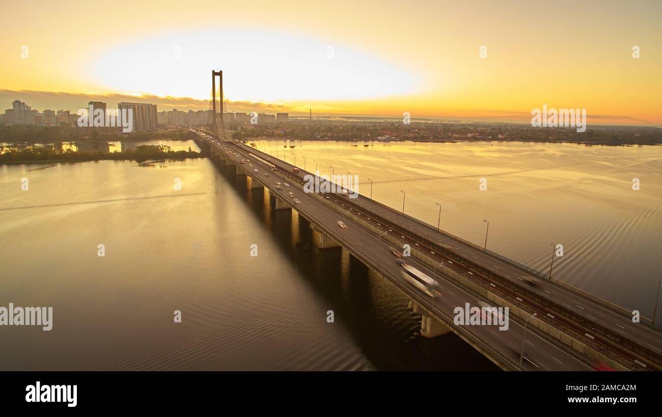 Traffic on a bridge. Modern metropolis with intersection of the traffic ...