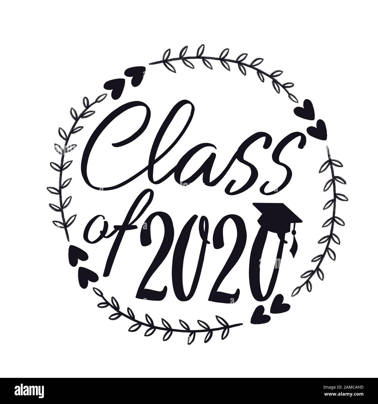 Class of 2020 with graduation cap and frame with hearts Hand drawn with ...